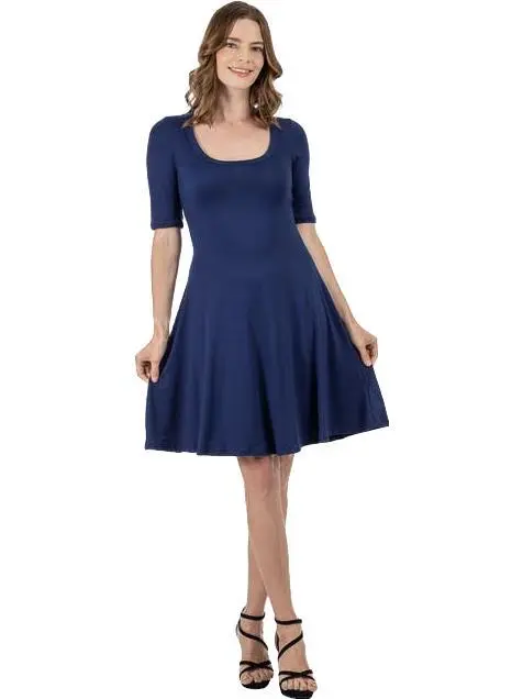 24SEVEN COMFORT APPAREL A-line Knee Length Dress With Elbow Length Sleeves - Navy