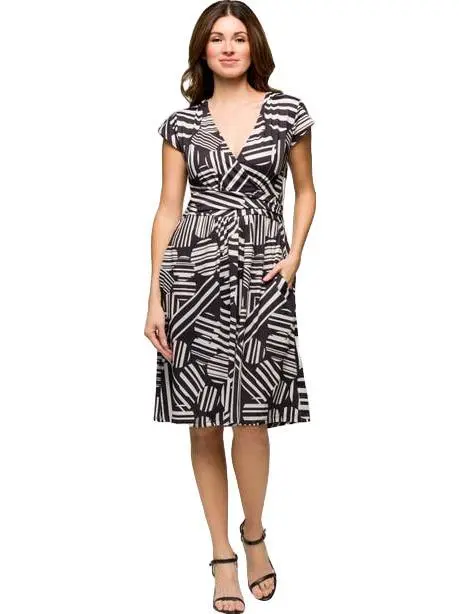 24SEVEN COMFORT APPAREL V-neck Knee Length Dress With Pockets - Black Multi