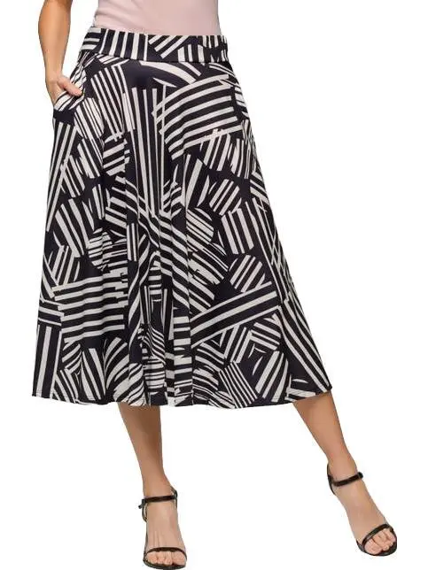 24SEVEN COMFORT APPAREL Geometric Print Elastic Waist Midi Skirt With Pockets - Black Multi