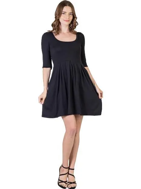 24SEVEN COMFORT APPAREL Fit And Flare Mini Dress With Three Quarter Sleeves - Black