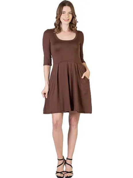 24SEVEN COMFORT APPAREL Fit And Flare Mini Dress With Three Quarter Sleeves - Brown