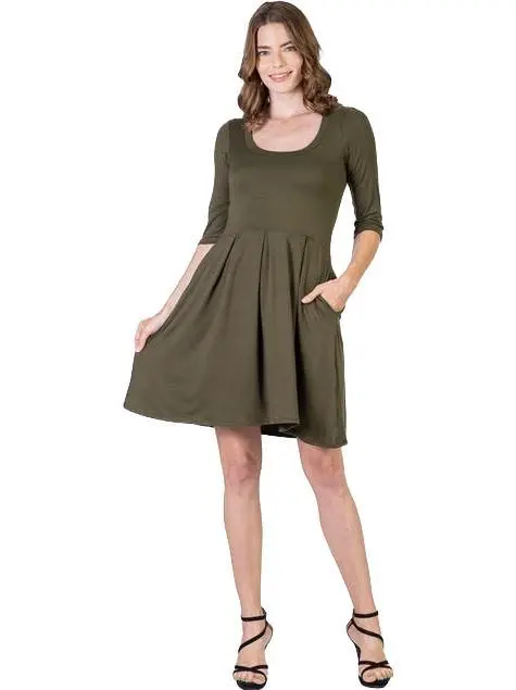 24SEVEN COMFORT APPAREL Fit And Flare Mini Dress With Three Quarter Sleeves - Olive