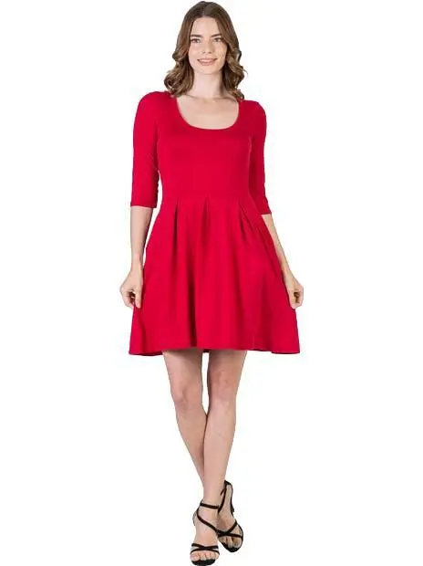 24SEVEN COMFORT APPAREL Fit And Flare Mini Dress With Three Quarter Sleeves - Red