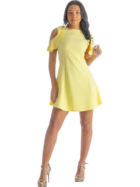 24SEVEN COMFORT APPAREL Ruffle Cold Shoulder A-line Knee Length Dress - Banana