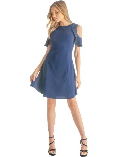 24SEVEN COMFORT APPAREL Ruffle Cold Shoulder A-line Knee Length Dress - Navy