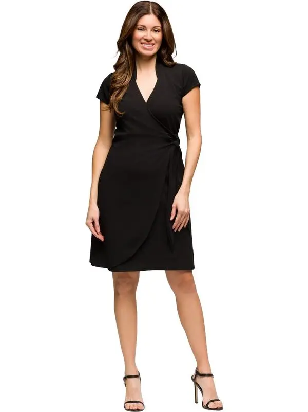 24SEVEN COMFORT APPAREL Mandarin Collar Knee Length Wrap Dress - Black