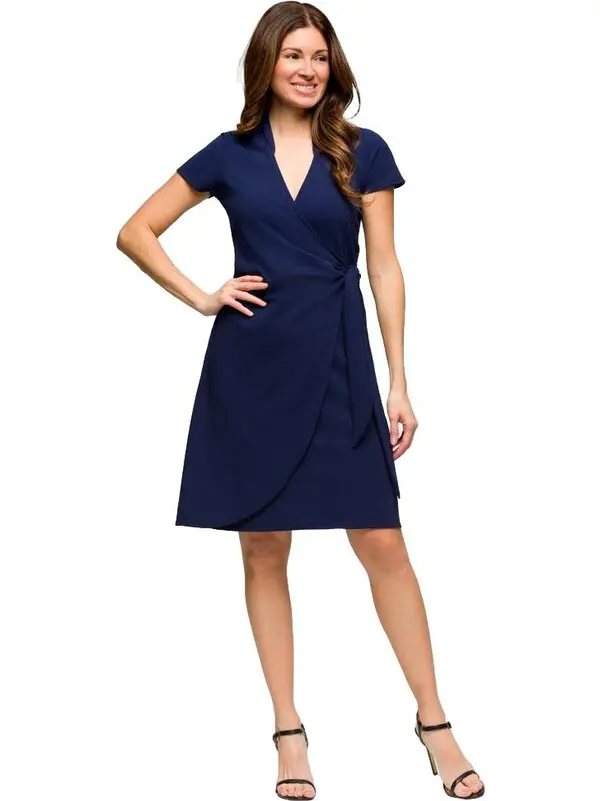 24SEVEN COMFORT APPAREL Mandarin Collar Knee Length Wrap Dress - Navy
