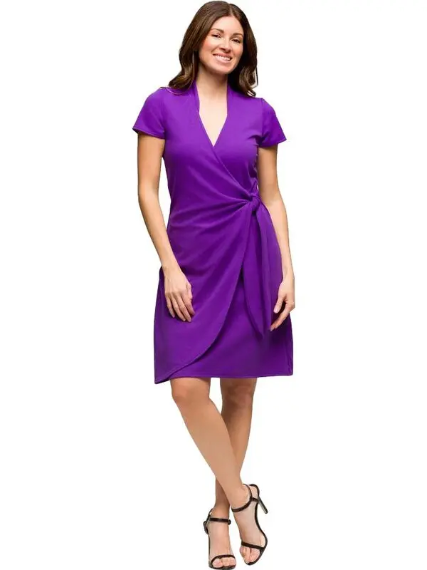 24SEVEN COMFORT APPAREL Mandarin Collar Knee Length Wrap Dress - Purple