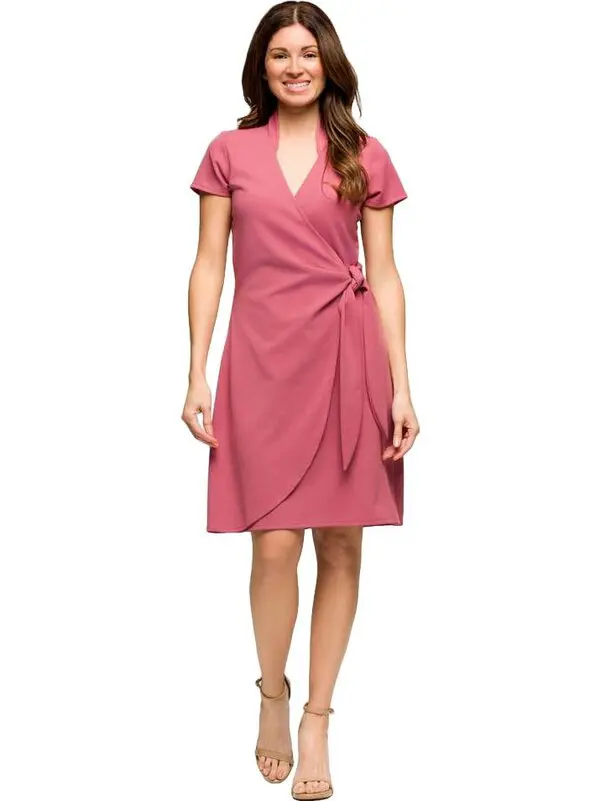 24SEVEN COMFORT APPAREL Mandarin Collar Knee Length Wrap Dress - Rose