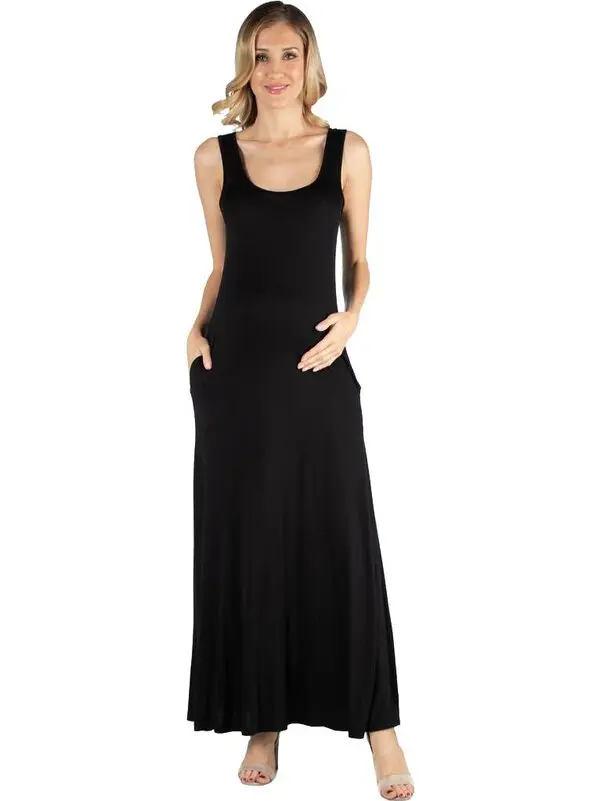 24SEVEN COMFORT APPAREL Maternity Scoop Neck Sleeveless Maxi Dress With Pockets - Black