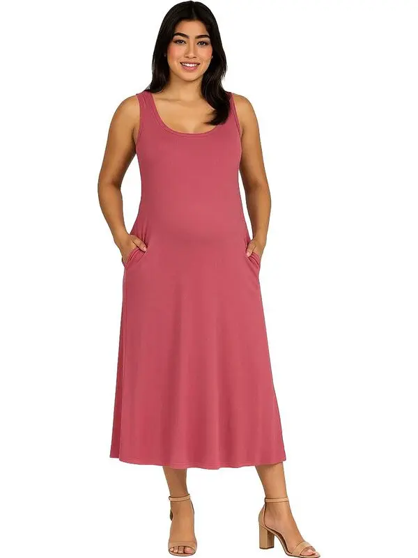 24SEVEN COMFORT APPAREL Maternity Scoop Neck Sleeveless Maxi Dress With Pockets - Rose