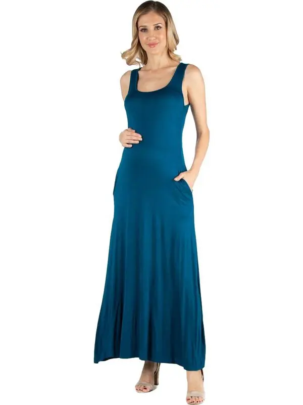 24SEVEN COMFORT APPAREL Maternity Scoop Neck Sleeveless Maxi Dress With Pockets - Teal