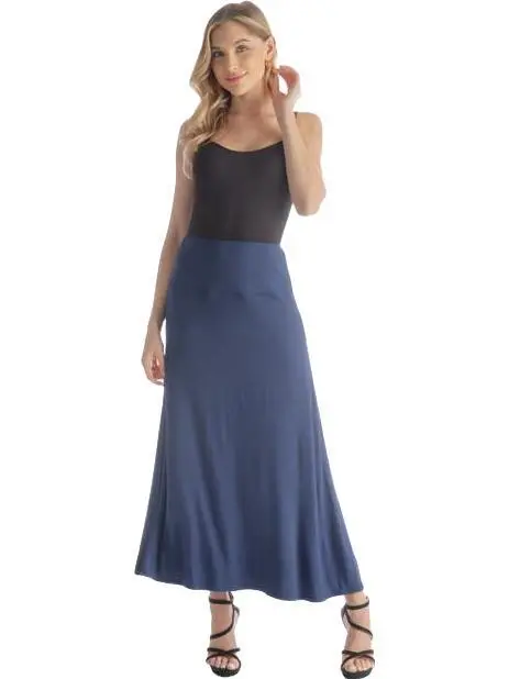 24SEVEN COMFORT APPAREL Elastic Waist A-line Maxi Skirt - Navy