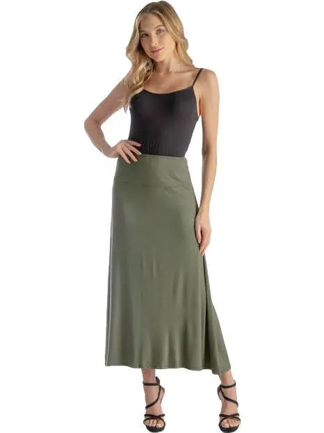 24SEVEN COMFORT APPAREL Elastic Waist A-line Maxi Skirt - Olive