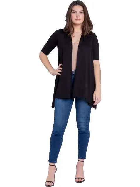 24SEVEN COMFORT APPAREL Loose Fit Open Front Cardigan With Half Sleeves - Black