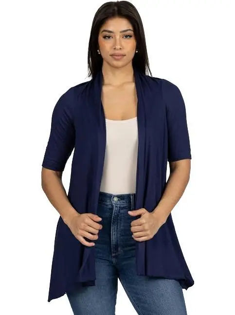 24SEVEN COMFORT APPAREL Loose Fit Open Front Cardigan With Half Sleeves - Navy