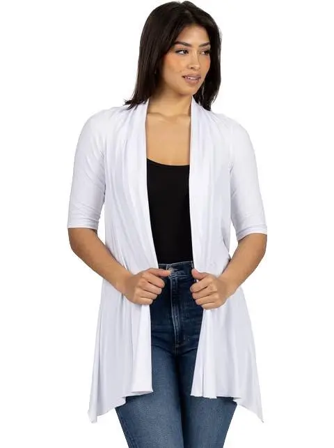 24SEVEN COMFORT APPAREL Loose Fit Open Front Cardigan With Half Sleeves - White