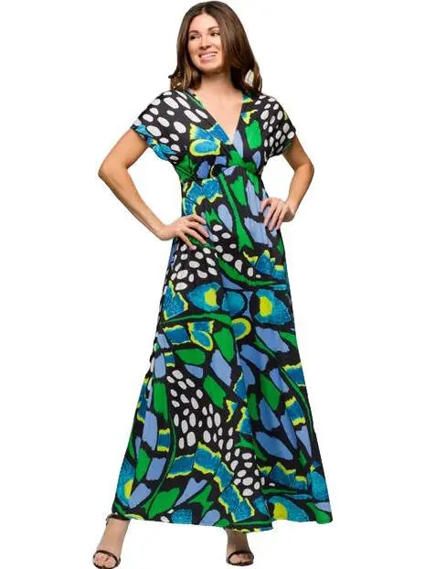 24SEVEN COMFORT APPAREL Printed V-neck Empire Waist Maxi Dress - Green Multi