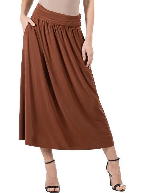 24SEVEN COMFORT APPAREL Foldover Maxi Skirt With Pockets - Tobacco