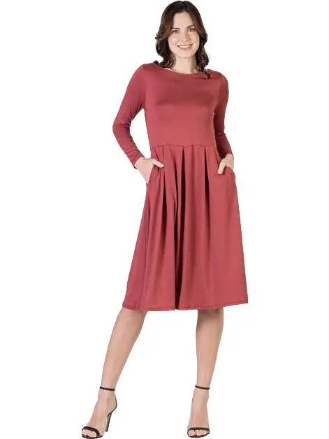 24SEVEN COMFORT APPAREL Fit And Flare Midi Dress With Pockets - Brick