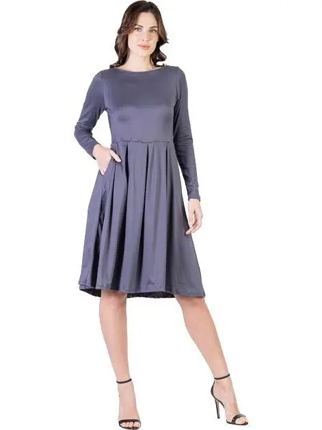 24SEVEN COMFORT APPAREL Fit And Flare Midi Dress With Pockets - Grey