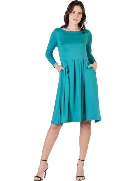 24SEVEN COMFORT APPAREL Fit And Flare Midi Dress With Pockets - Jade