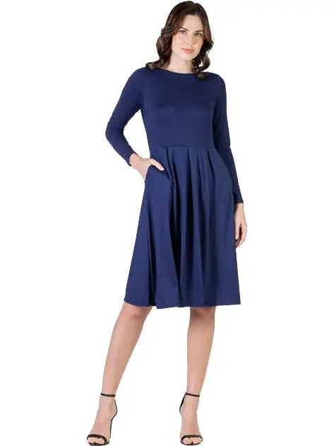 24SEVEN COMFORT APPAREL Fit And Flare Midi Dress With Pockets - Navy