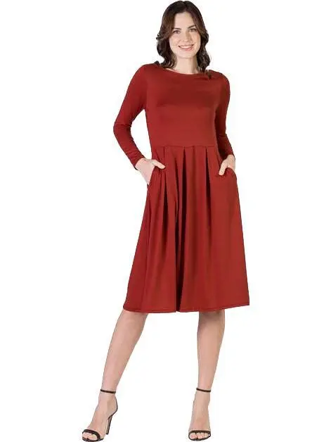 24SEVEN COMFORT APPAREL Fit And Flare Midi Dress With Pockets - Rust