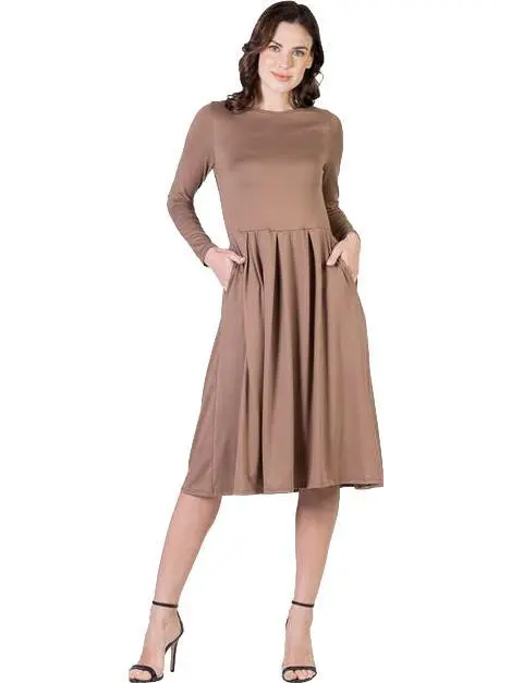 24SEVEN COMFORT APPAREL Fit And Flare Midi Dress With Pockets - Wheat