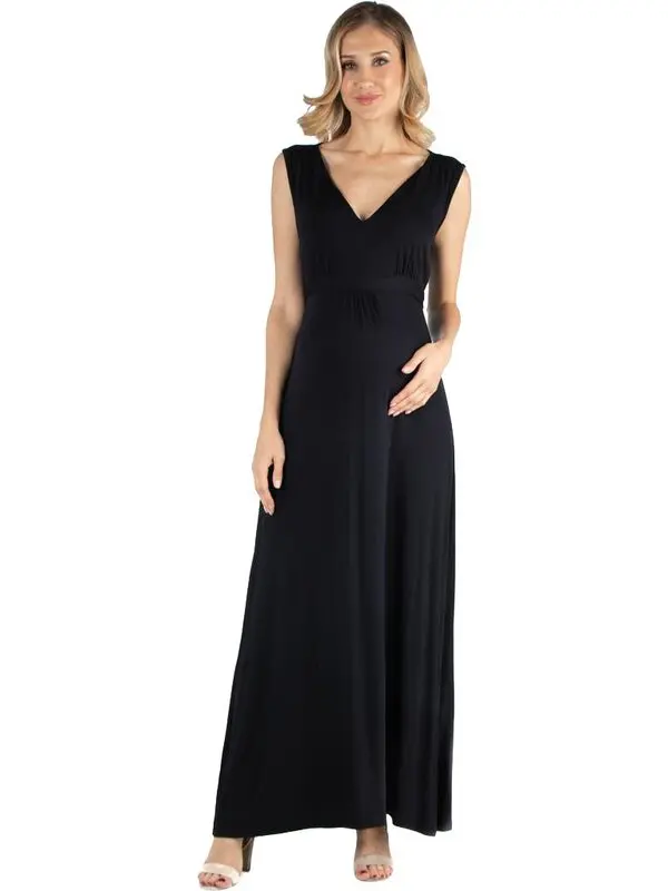 24SEVEN COMFORT APPAREL Maternity V-neck Maxi Dress With Belt - Black