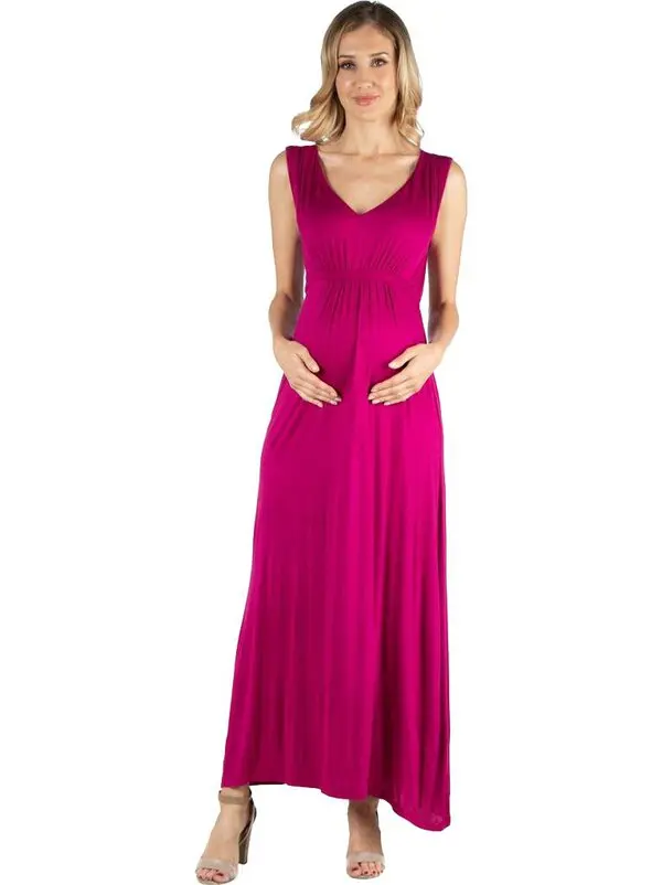 24SEVEN COMFORT APPAREL Maternity V-neck Maxi Dress With Belt - Magenta