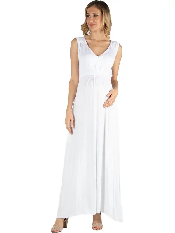 24SEVEN COMFORT APPAREL Maternity V-neck Maxi Dress With Belt - White