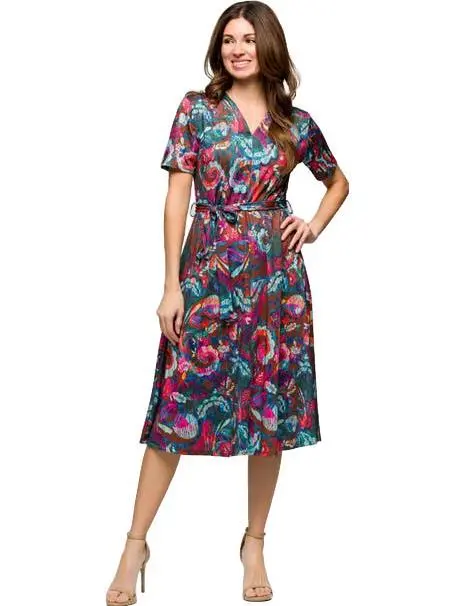 24SEVEN COMFORT APPAREL Printed Short Sleeve Tie Waist Midi Dress - Brown Multi