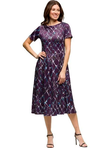 24SEVEN COMFORT APPAREL Print Short Sleeve Pleated Flare Midi Pocket Dress - Purple Multi