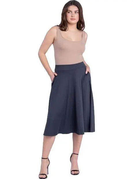 24SEVEN COMFORT APPAREL Elastic Waist Pleated Midi Skirt With Pockets - Grey
