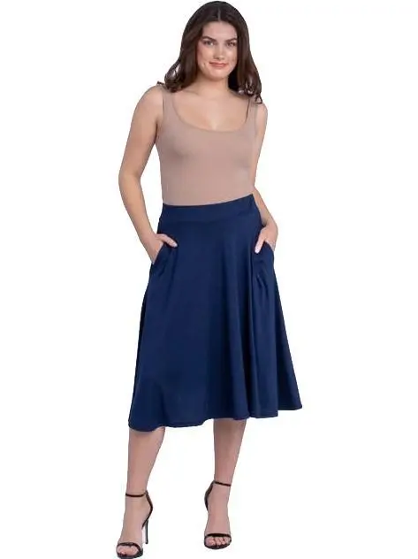 24SEVEN COMFORT APPAREL Elastic Waist Pleated Midi Skirt With Pockets - Navy