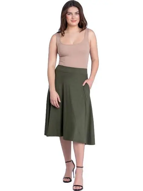 24SEVEN COMFORT APPAREL Elastic Waist Pleated Midi Skirt With Pockets - Olive