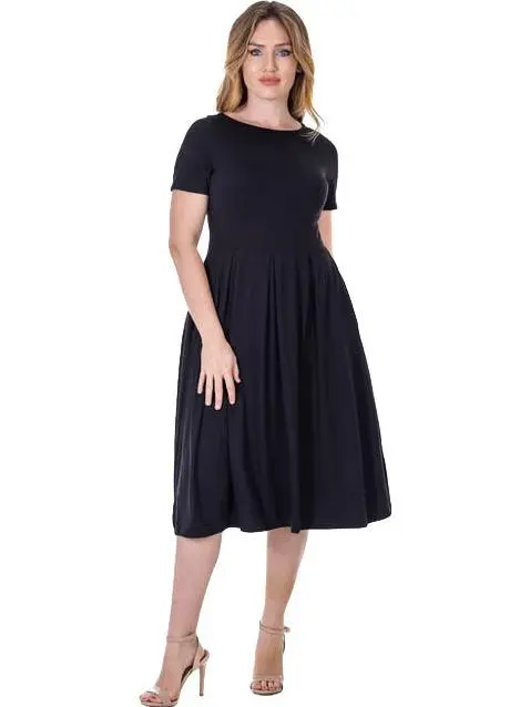 24SEVEN COMFORT APPAREL Midi Dress With Short Sleeves And Pockets - Black
