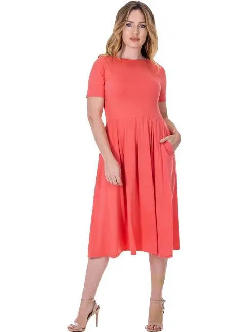 24SEVEN COMFORT APPAREL Midi Dress With Short Sleeves And Pockets - Coral