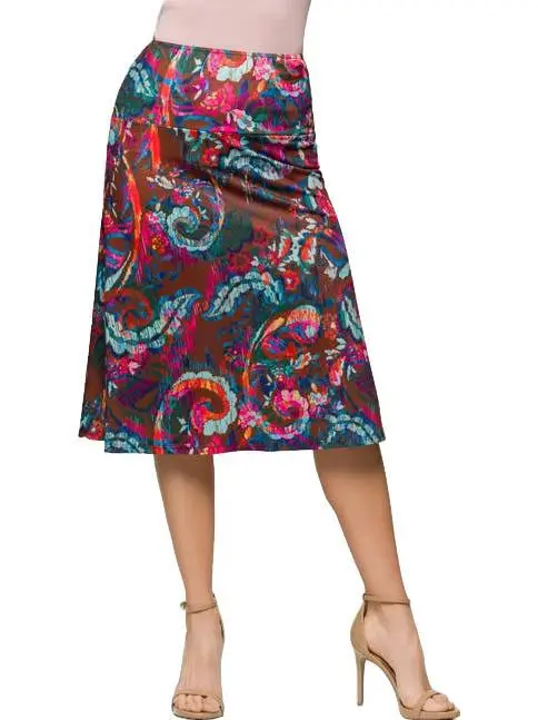 24SEVEN COMFORT APPAREL Paisley Print Knee Length Skirt - Brown Multi
