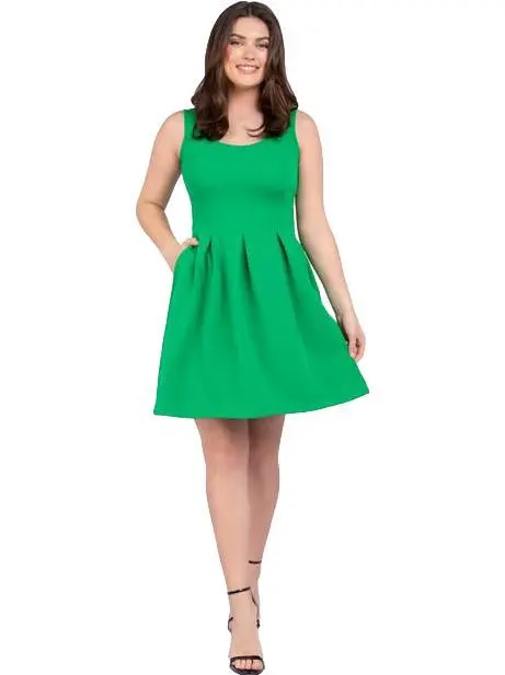 24SEVEN COMFORT APPAREL Sleeveless Pleated Skater Dress With Pockets - Green
