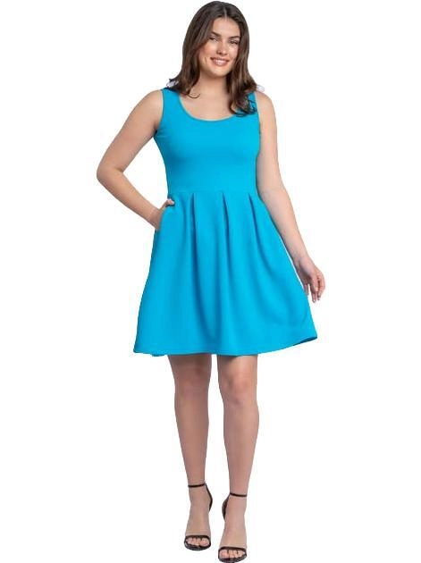 24SEVEN COMFORT APPAREL Sleeveless Pleated Skater Dress With Pockets - Turquoise