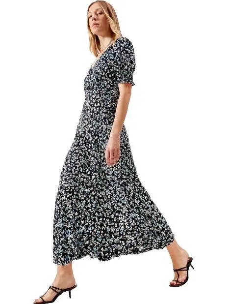 RO&ZO Pansy Print Shirred Cuff Midi Dress - Blue