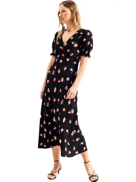 RO&ZO Pansy Print Shirred Cuff Midi Dress - Multi