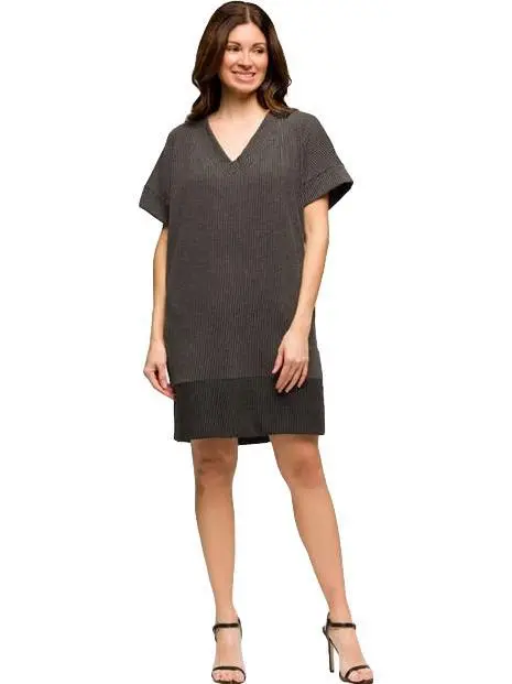 24SEVEN COMFORT APPAREL Ribbed Knit V-neck Dolman Sleeve T-shirt Dress - Black