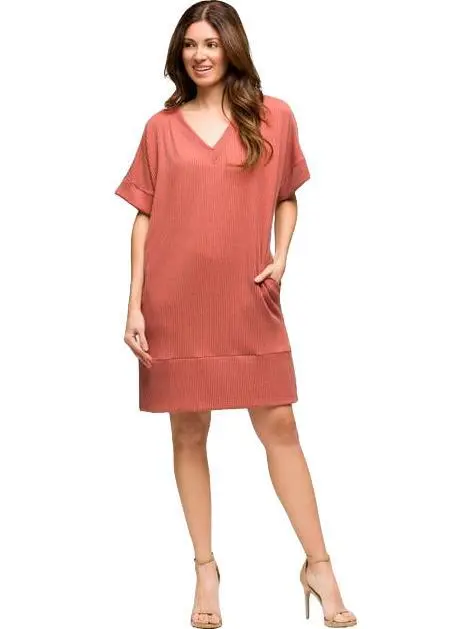 24SEVEN COMFORT APPAREL Ribbed Knit V-neck Dolman Sleeve T-shirt Dress - Brick