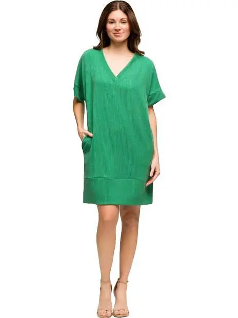 24SEVEN COMFORT APPAREL Ribbed Knit V-neck Dolman Sleeve T-shirt Dress - Green