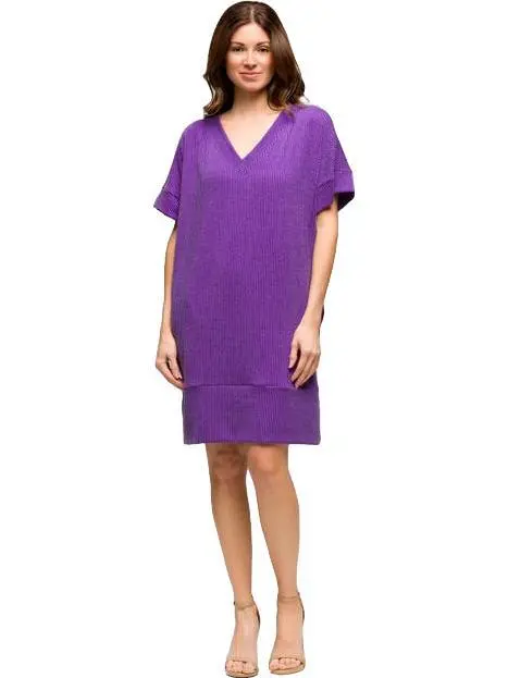 24SEVEN COMFORT APPAREL Ribbed Knit V-neck Dolman Sleeve T-shirt Dress - Purple
