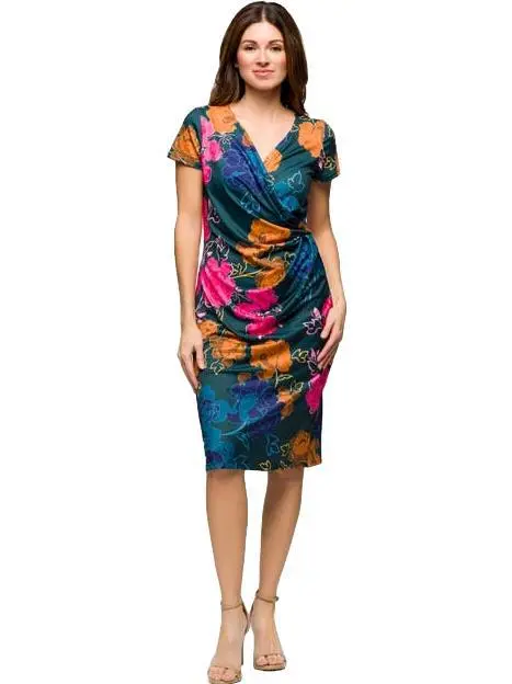 24SEVEN COMFORT APPAREL Floral Faux Wrap Knee-length Dress - Green Multi