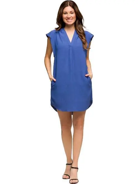 24SEVEN COMFORT APPAREL V-neck Sleeveless Knee Length Dress With Belt - Blue